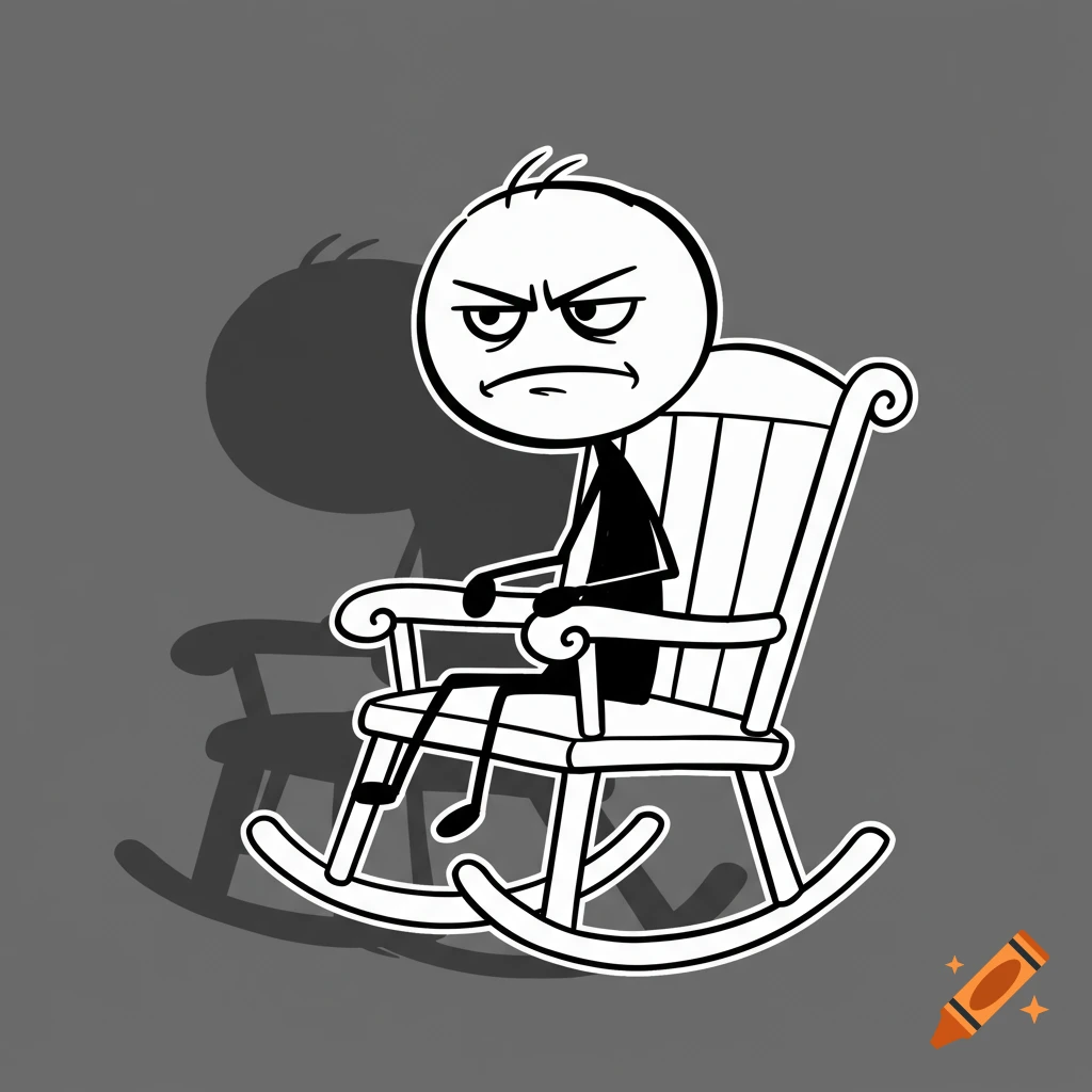 A stick figure drawing of a grumpy person sitting in a rocking chair ...