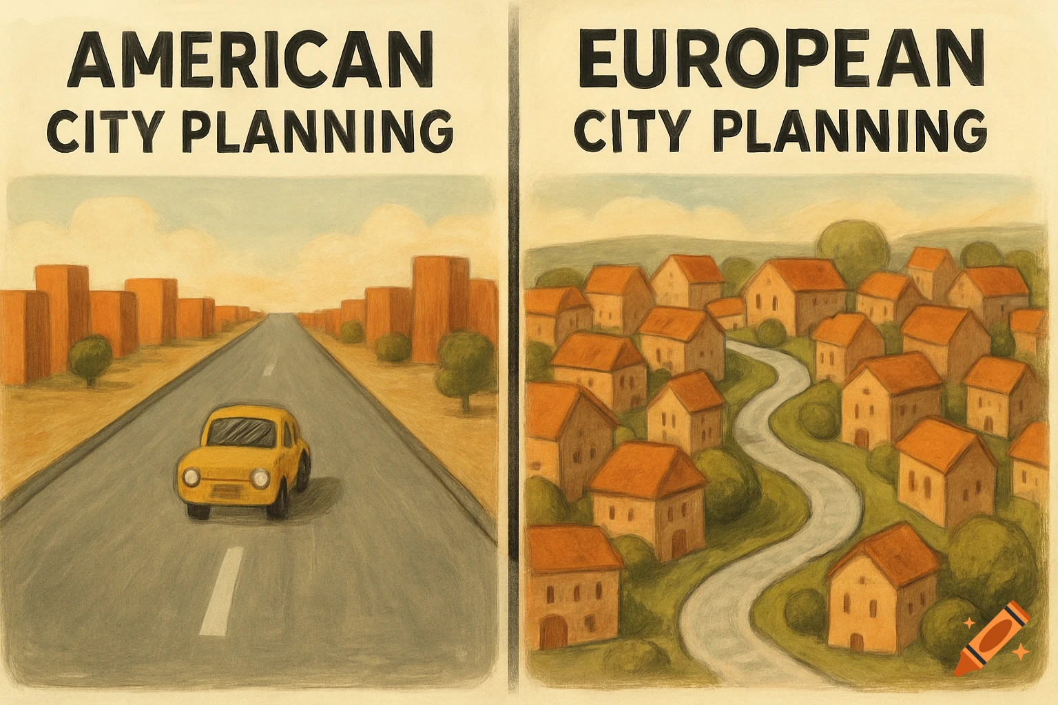 Split illustration comparing American city planning (wide road, car ...