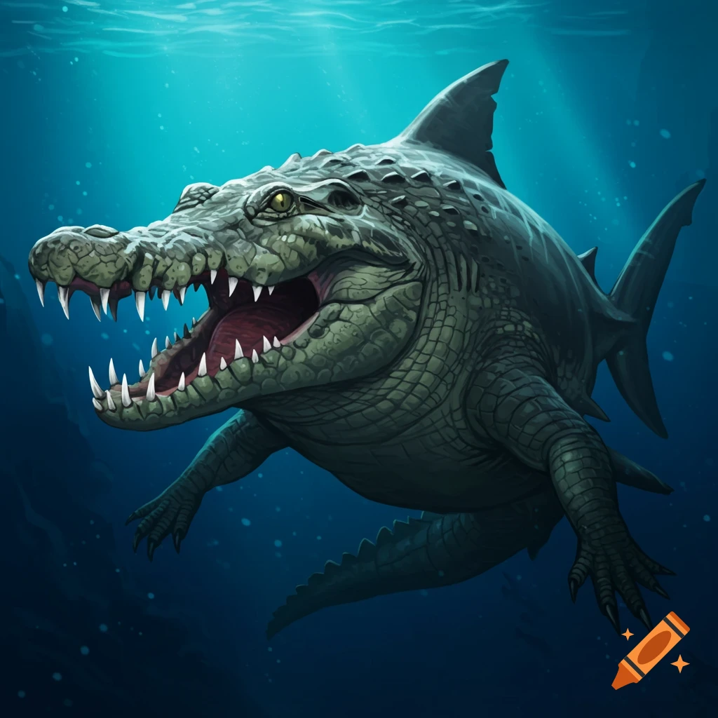 An illustration of a shark-crocodile hybrid creature swimming ...
