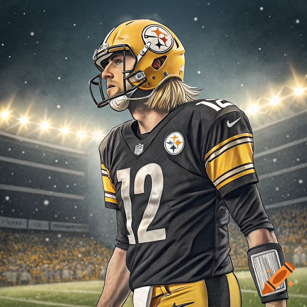 Football player in a Pittsburgh Steelers uniform number 12 in a snowy ...