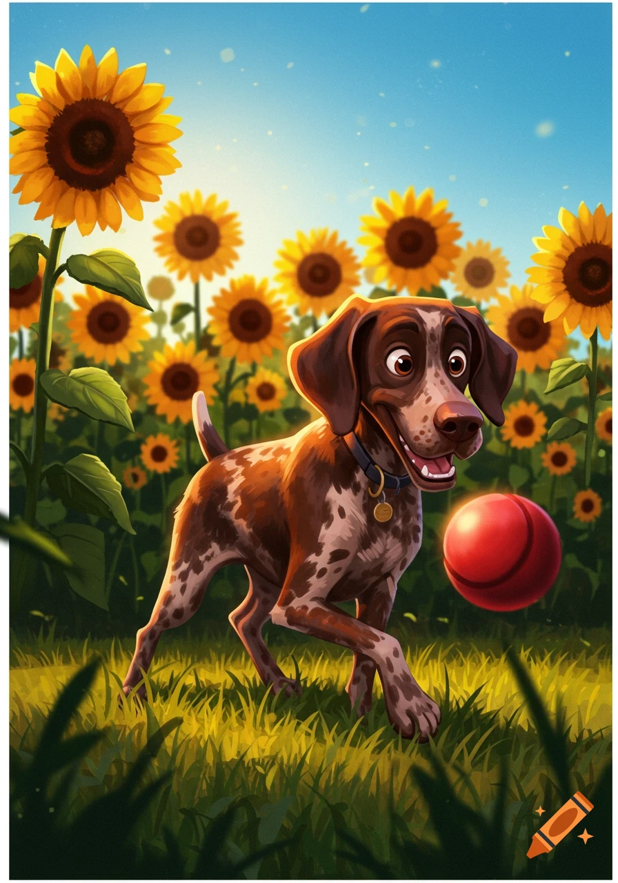 Cartoon German Shorthaired Pointer dog playing with a red ball in a ...