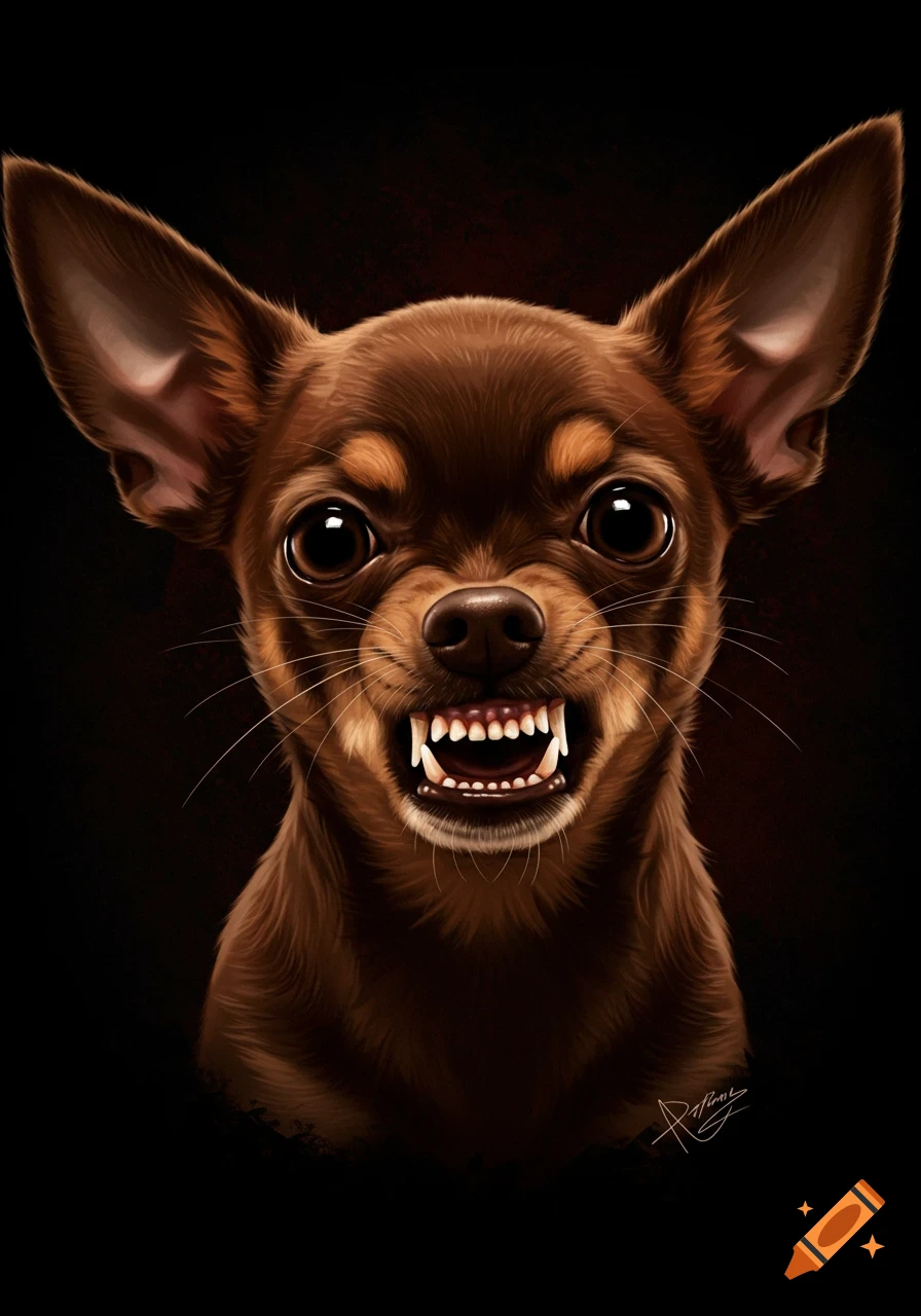 A close-up digital painting of a brown chihuahua baring its teeth and growling. on Craiyon