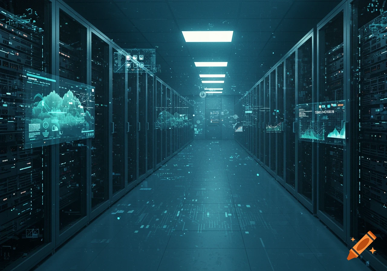 Futuristic server room with glowing data displays on Craiyon