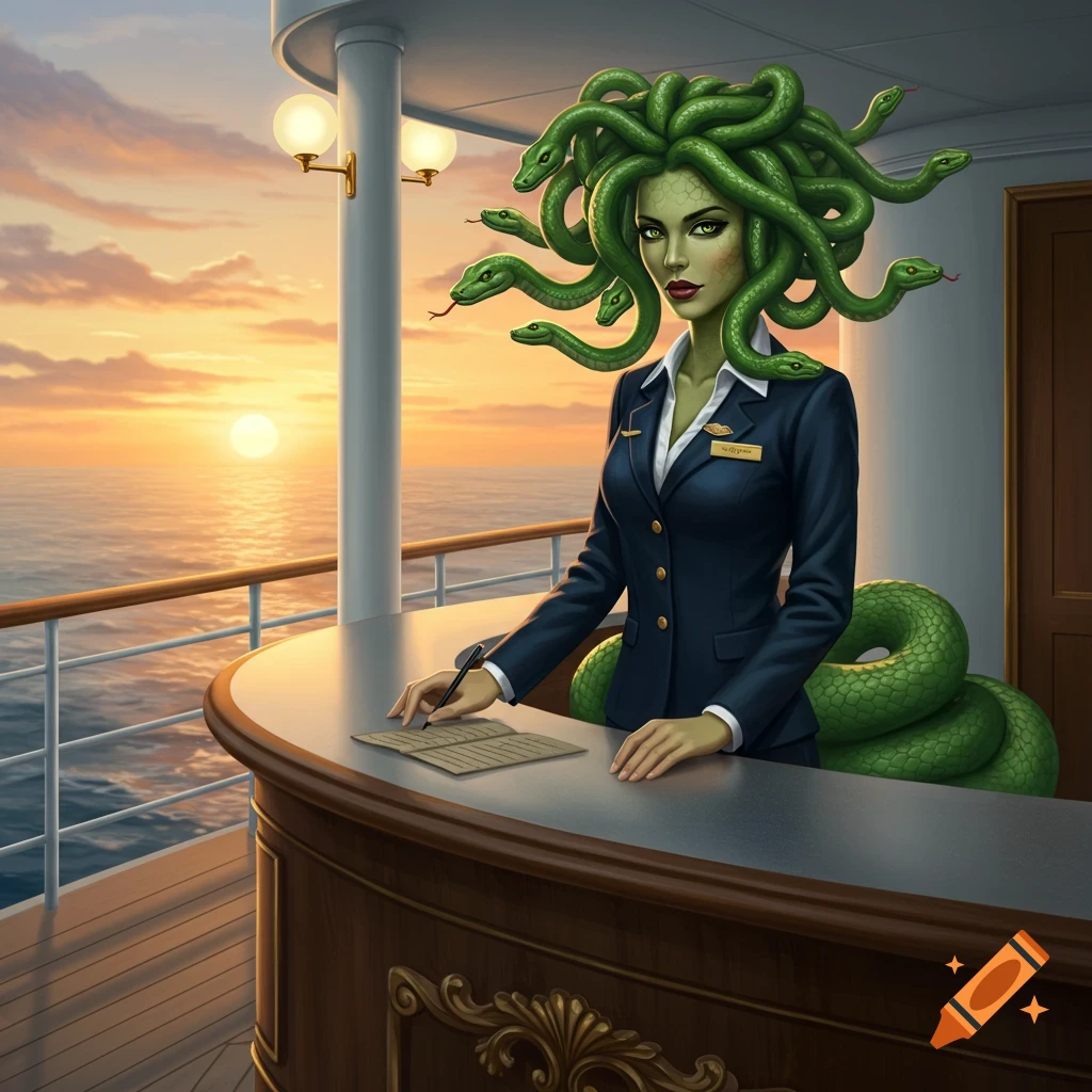 A Medusa woman in a suit works as a receptionist behind a desk on a ship deck at sunset. on Craiyon
