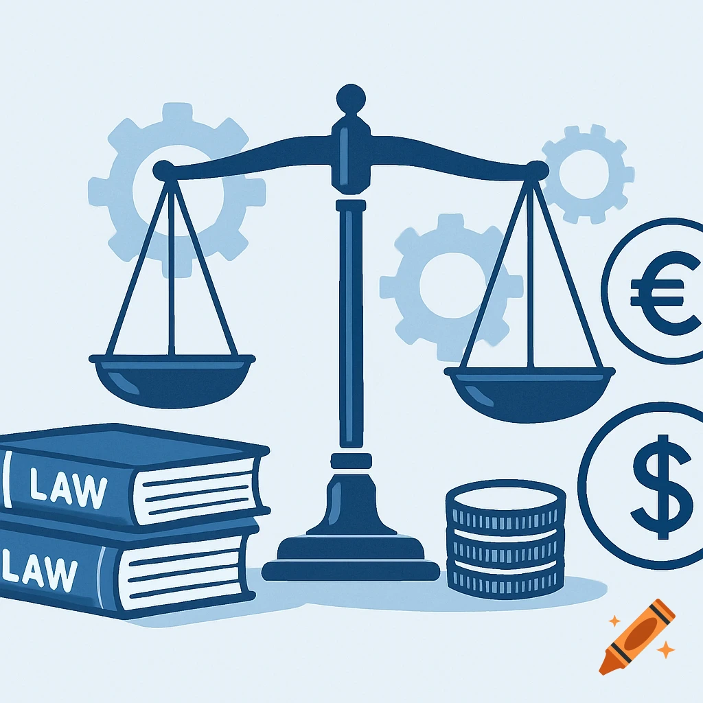 Illustration of scales of justice, law books, money, and gears ...