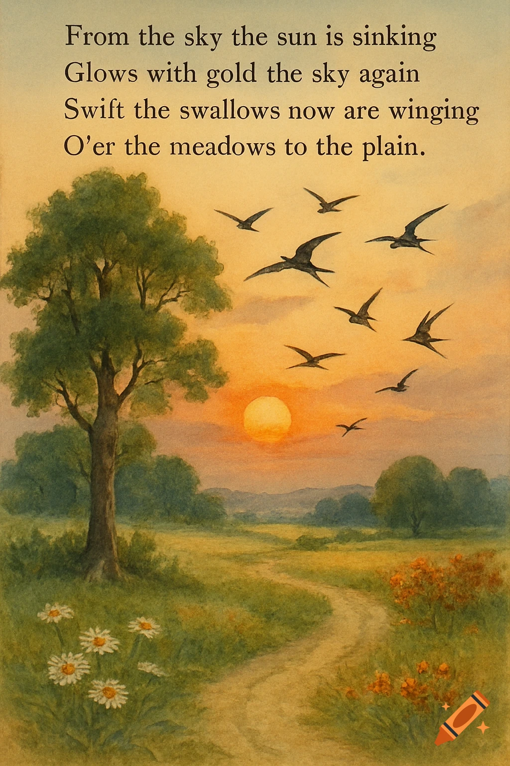 Watercolor painting of a sunset landscape with tree, path, flowers, and ...