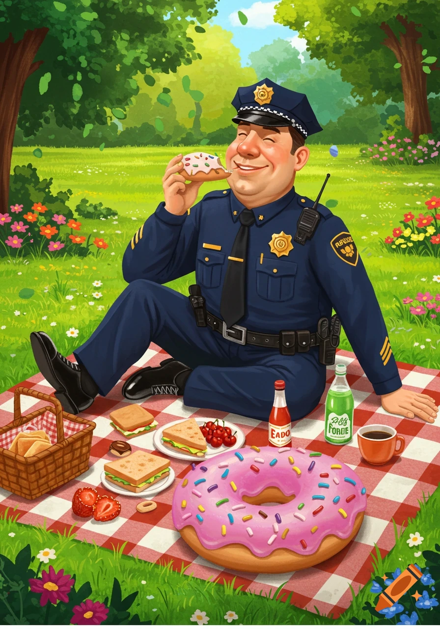 Illustration of a cartoon police officer sitting on a picnic blanket ...