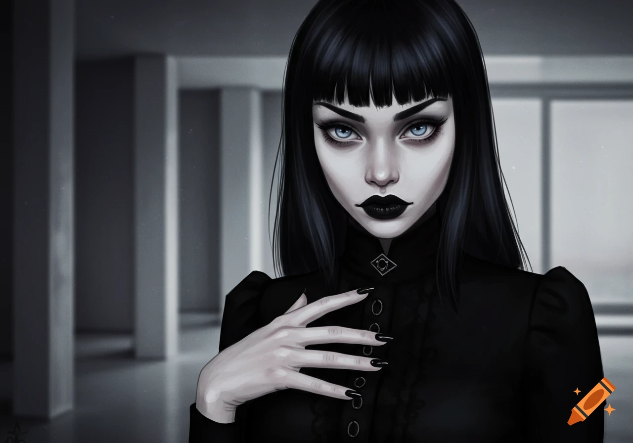 Close-up illustration of a pale-skinned goth woman with black makeup ...