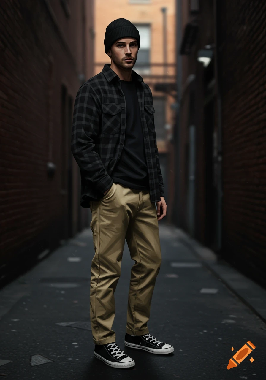 A man in a beanie, flannel, and beige pants stands in an alley ...