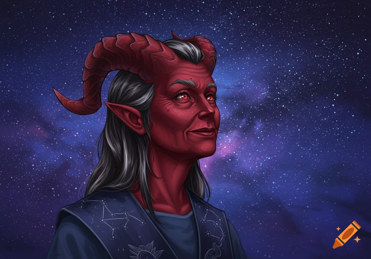 An old woman tiefling with red skin and horns looks up at a starry sky ...