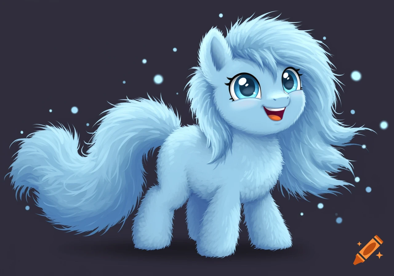 Cute blue fluffy cartoon pony smiling on Craiyon