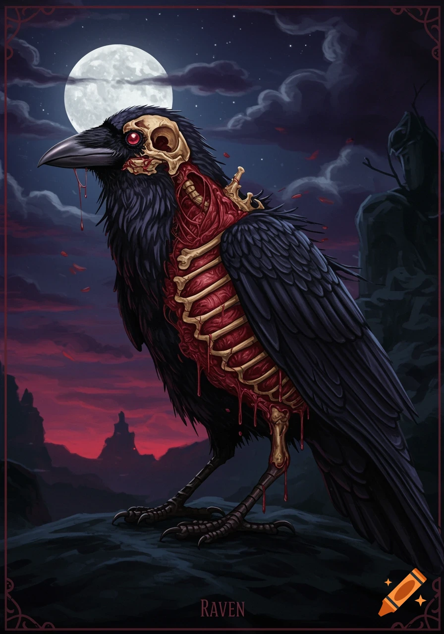 An illustration of a raven with its chest cavity open showing ribs and ...