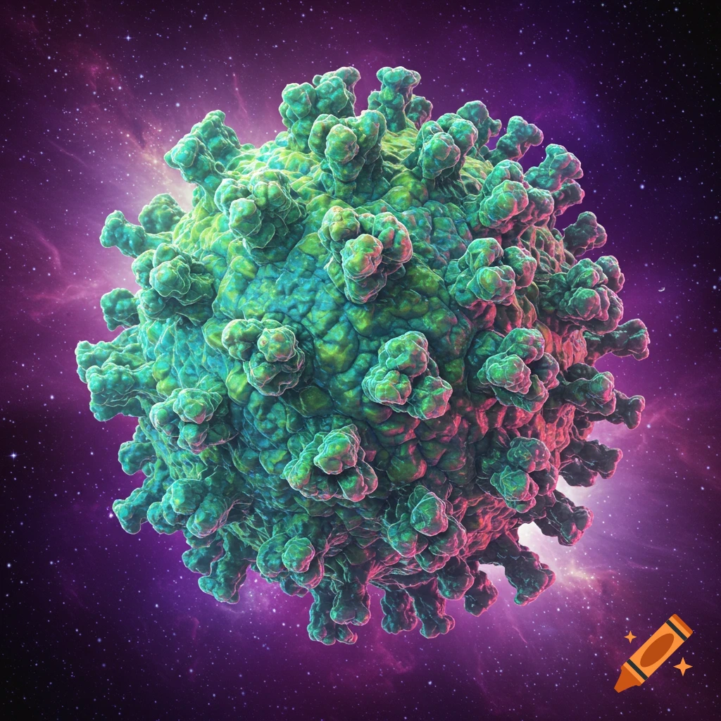 A detailed rendering of a green and blue virus particle against a ...