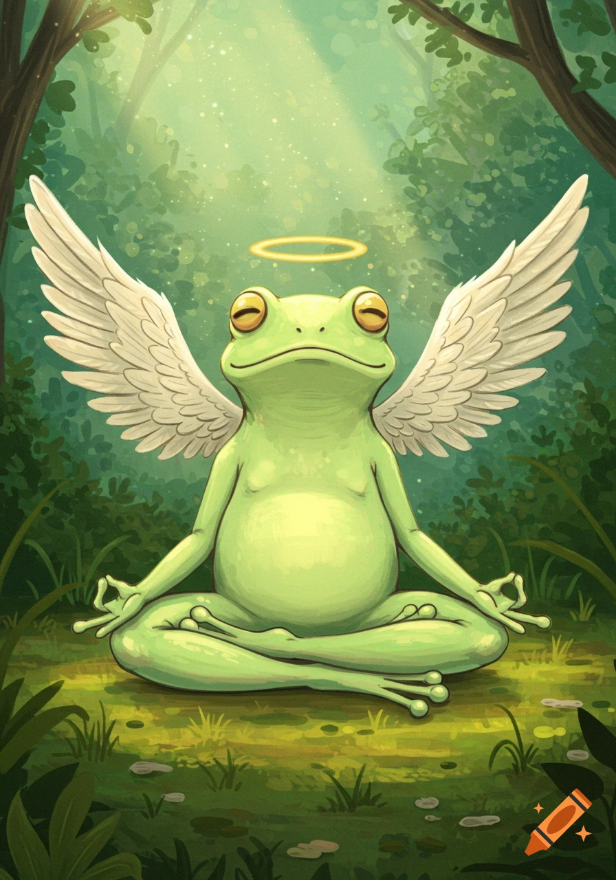 Illustration of a green frog with angel wings and a halo meditating in ...