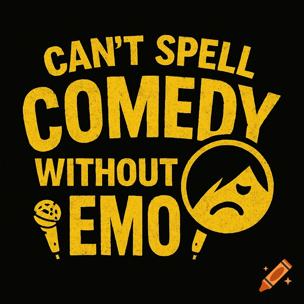 Black graphic with yellow text 'Can't spell COMEDY without EMO', sad ...