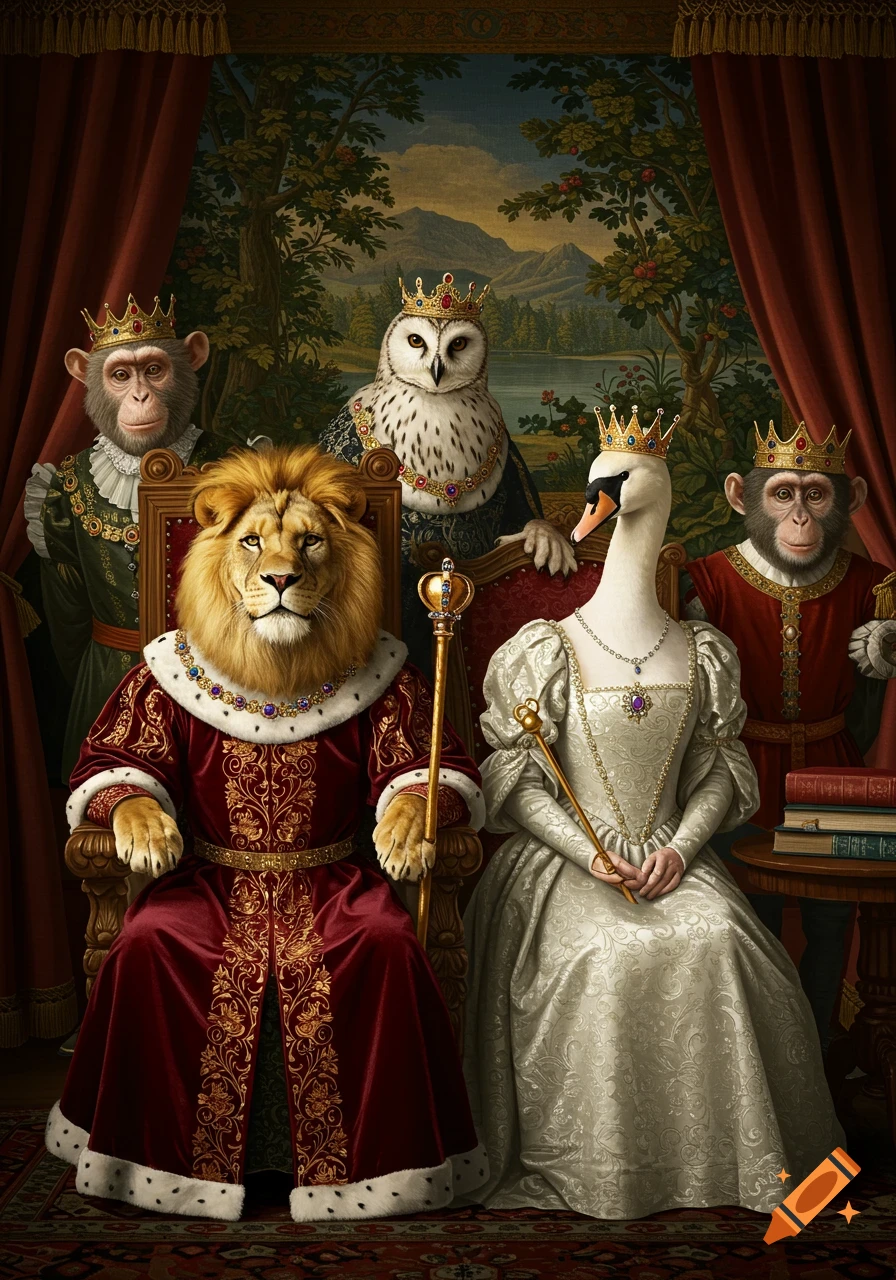 A portrait of animals dressed as royalty, including a lion king, swan ...