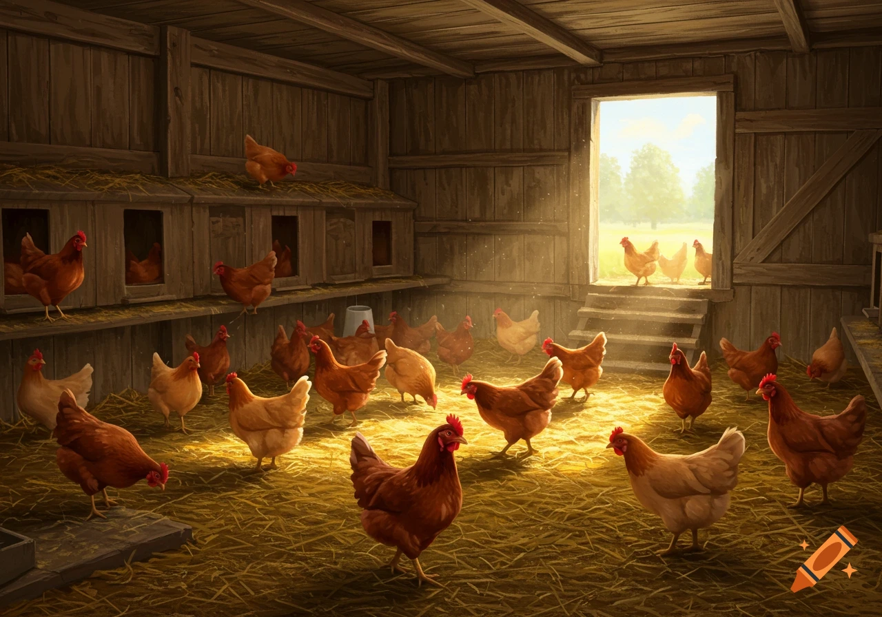 Many chickens inside a rustic wooden chicken coop with sunlight shining ...