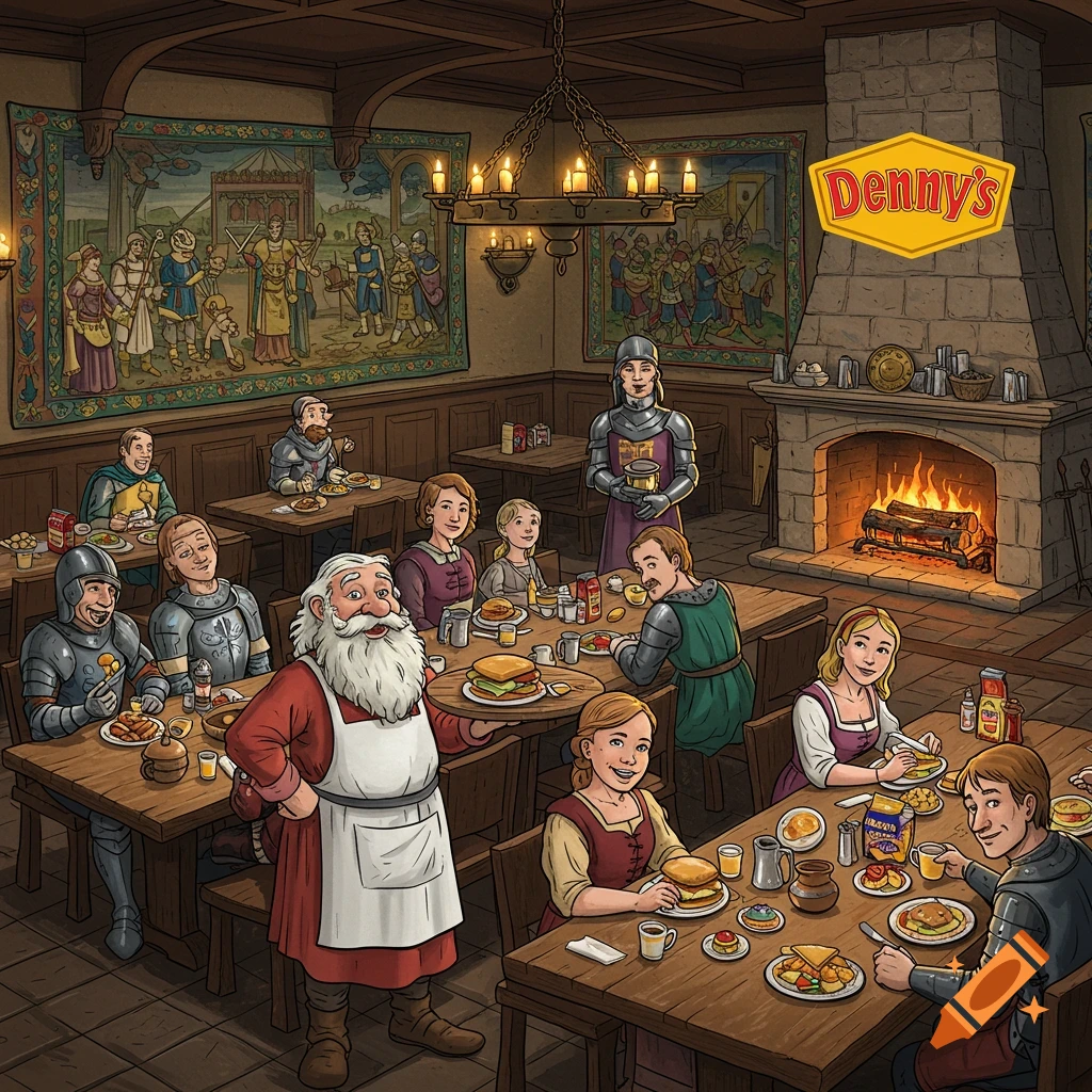 Illustration of Santa Claus and knights dining in a medieval tavern ...