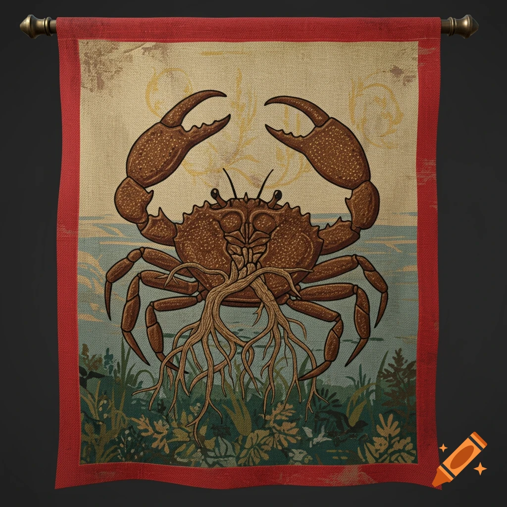 A crab holding roots on a red-trimmed medieval tapestry flag. on Craiyon