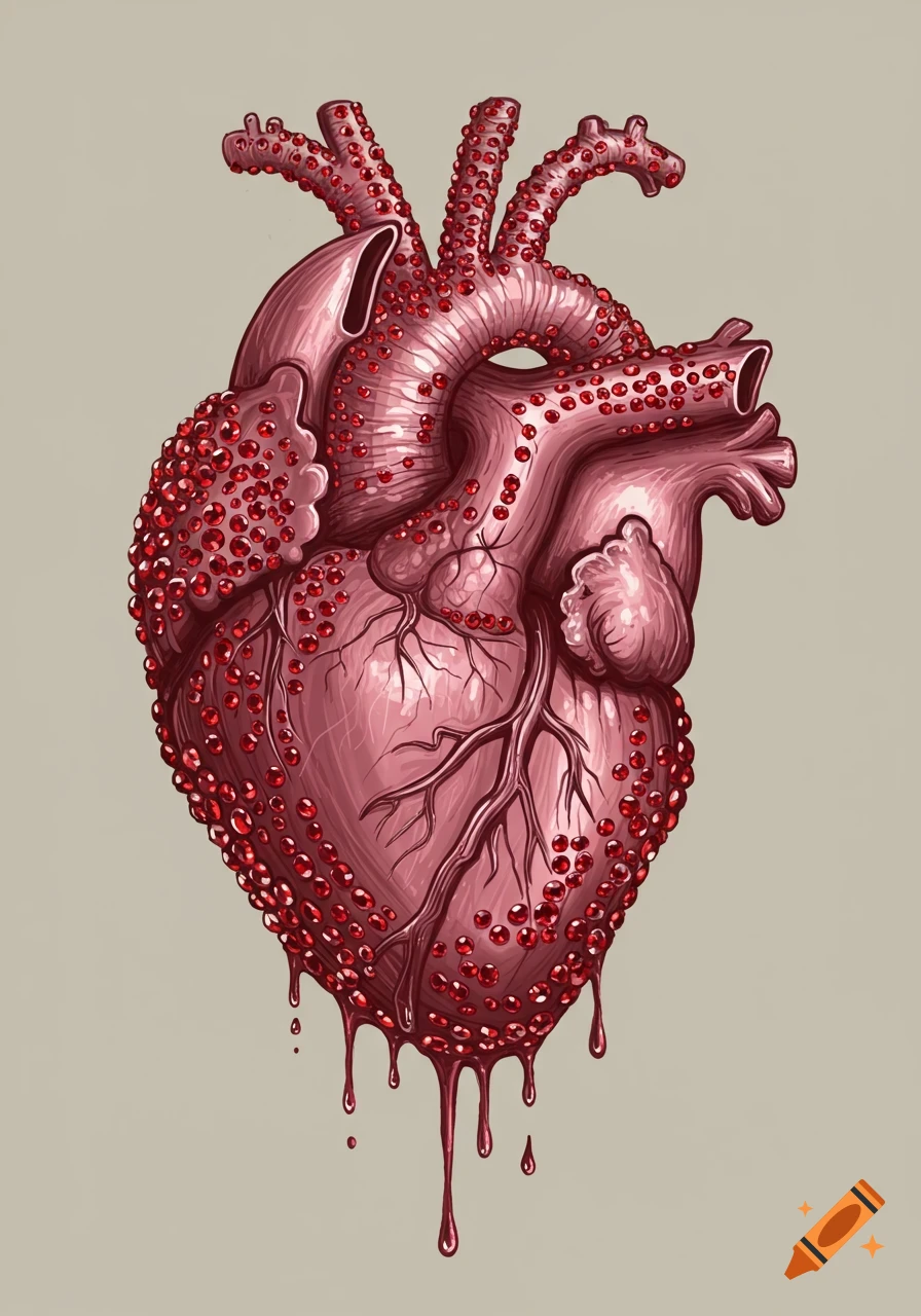 An anatomical heart covered in red gemstones, dripping like crystals ...