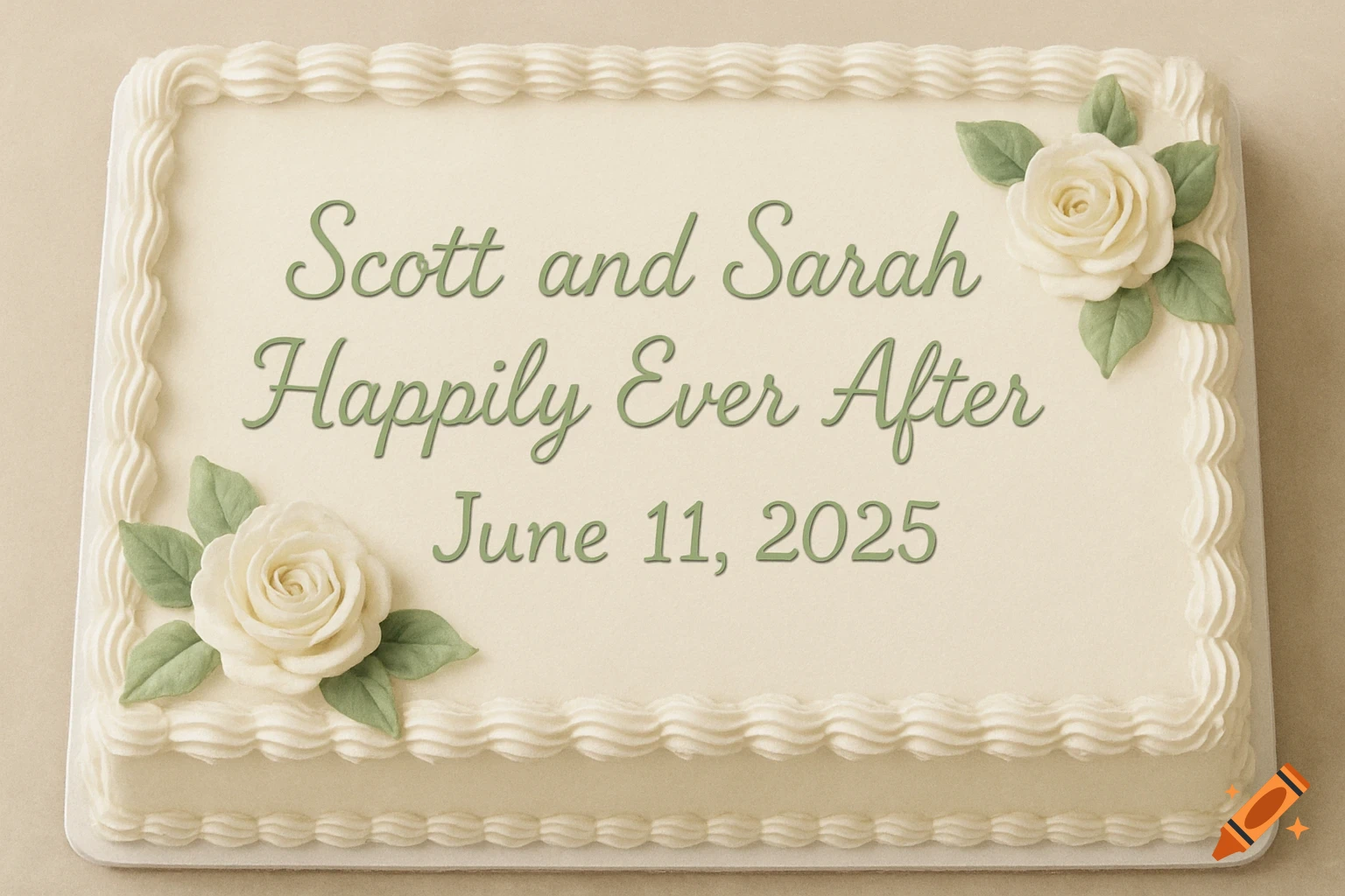 A white sheet cake with white roses and green leaves, inscribed with ...