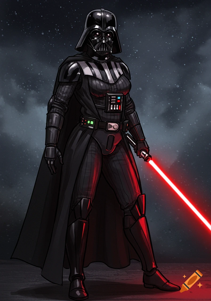 Full body illustration of a woman dressed as Darth Vader holding a red ...