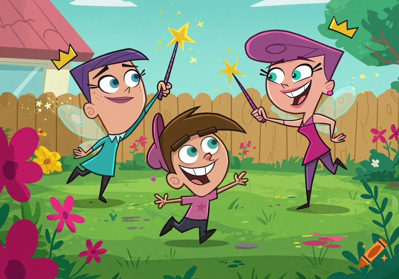 Cartoon of Timmy Turner, Cosmo, and Wanda in a yard with wands. on Craiyon