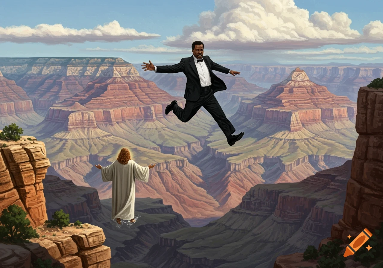 A man in a suit jumps over the Grand Canyon towards a robed figure on a ...