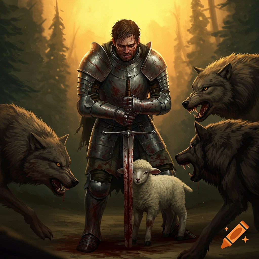 Bloody knight protects lamb from wolves with sword in forest at sunset ...