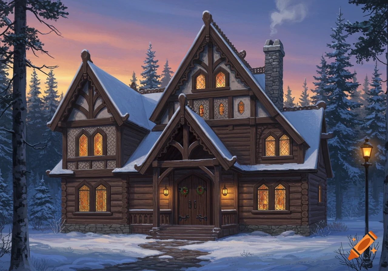 A fancy log cabin with illuminated windows stands in a snowy forest at ...