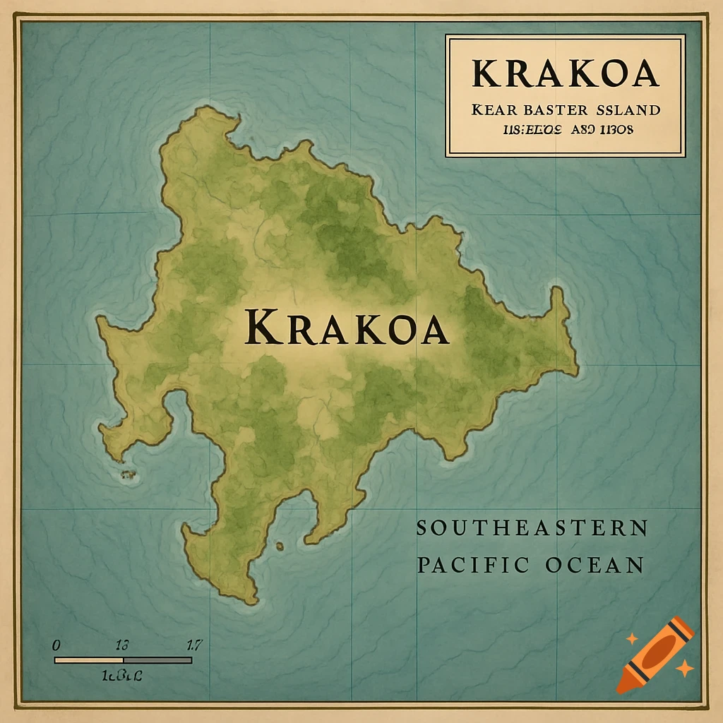 Watercolor map of an island labeled Krakoa with text details and ...