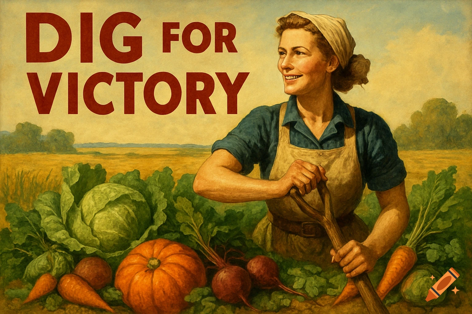 WWII style propaganda poster with 'DIG FOR VICTORY' text, showing a woman digging amongst ...