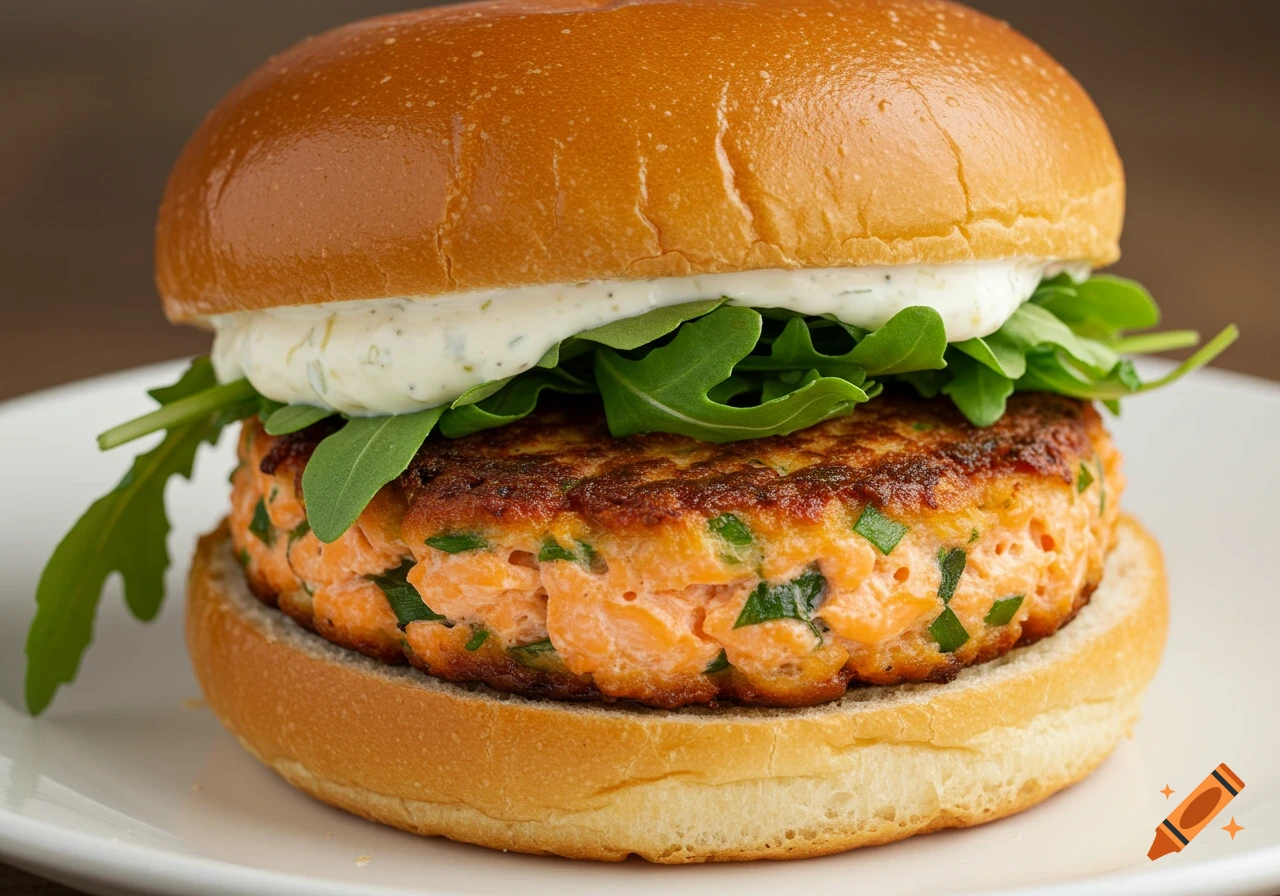 Close-up of a salmon burger on a brioche bun with lemon aioli and ...