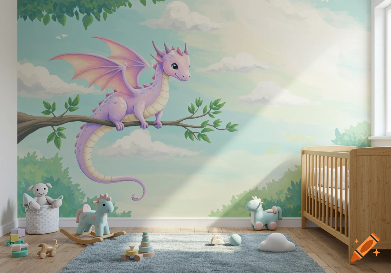 A cute cartoon dragon mural on a wall in a bright nursery room with ...