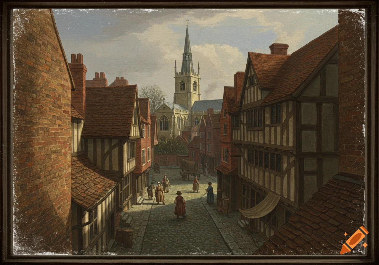 A painting of a bustling 17th-century street scene with a church spire ...
