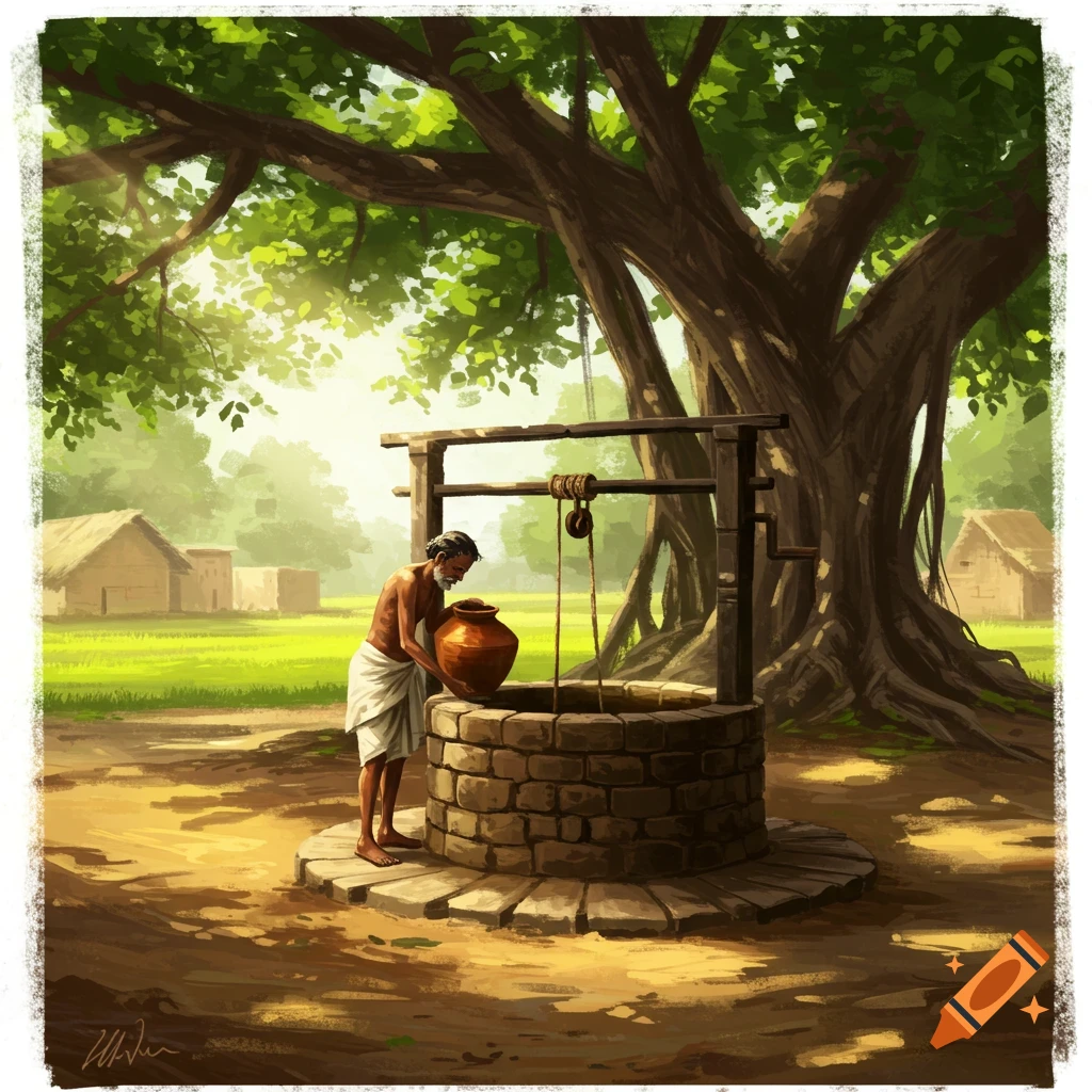 Painting of a man drawing water from a stone well in a rural village ...