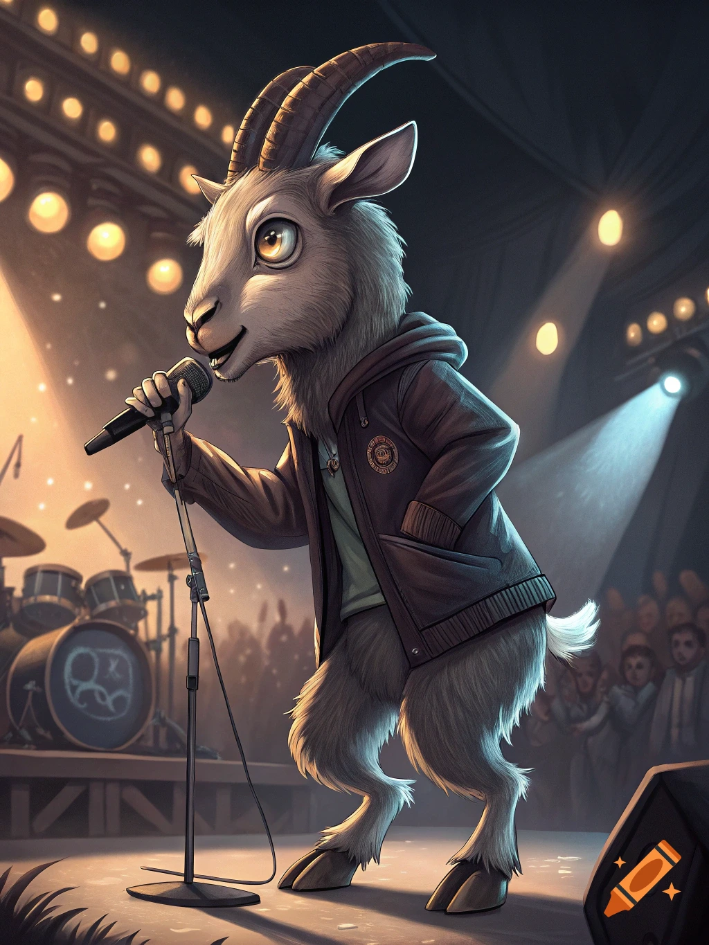 Cartoon goat singing into a microphone on a stage at a concert. on Craiyon