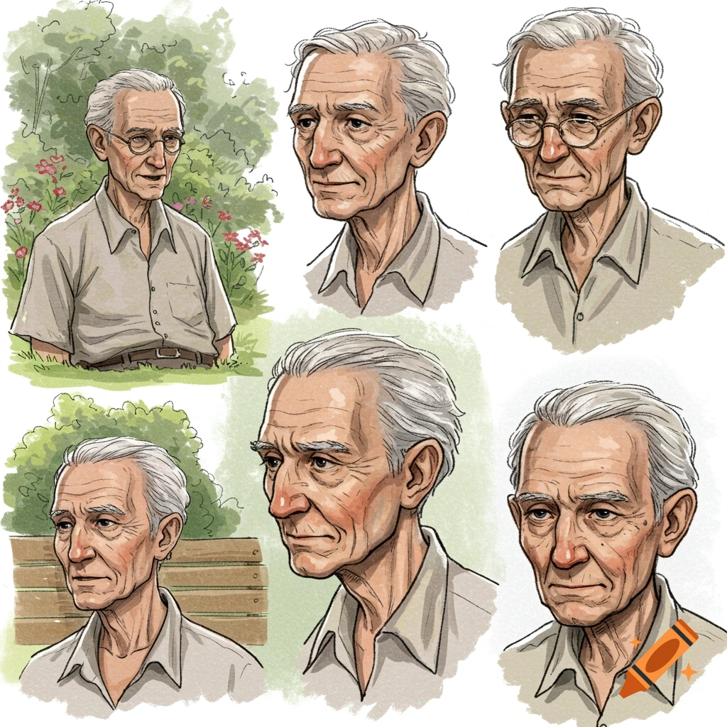 Multiple sketch portraits of an old man in different poses. on Craiyon