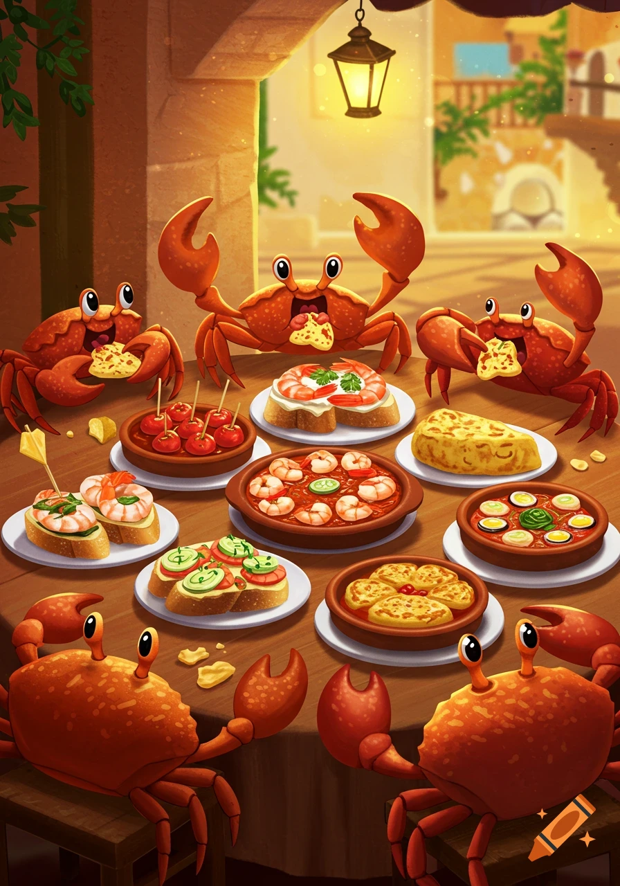 Cartoon crabs eat various tapas dishes at a table on Craiyon
