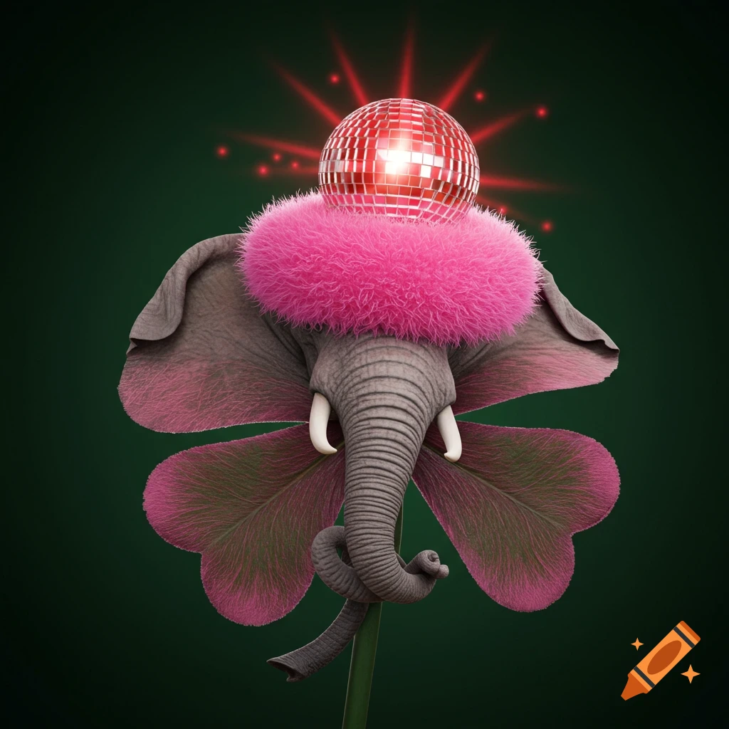 Elephant trunk wrapped around a clover with pink fuzzy collar and disco ...
