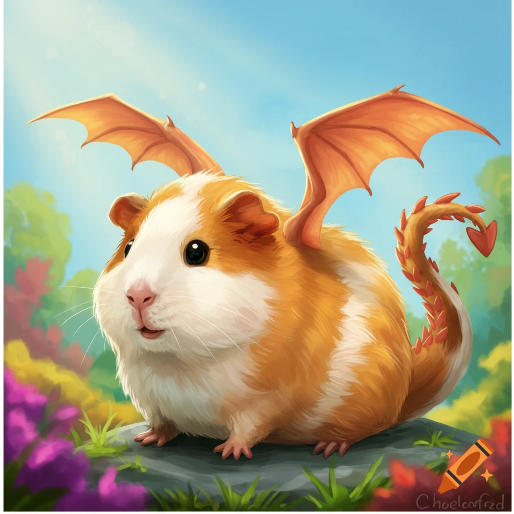 A cute guinea pig with orange dragon wings and tail sits on a rock in a ...