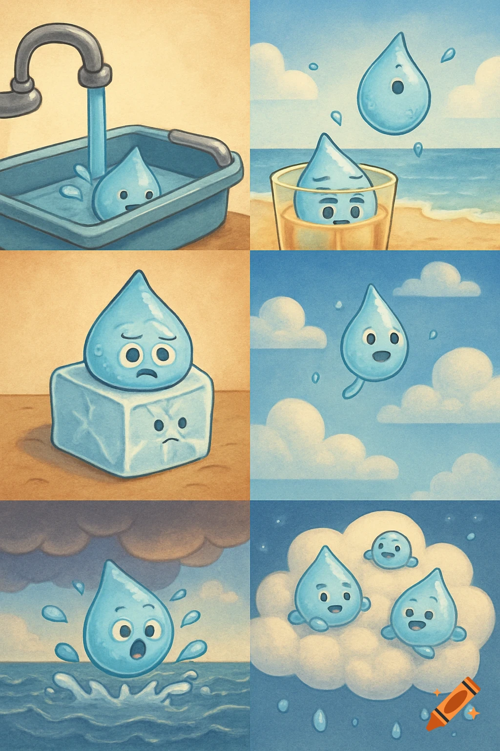 Cartoon water droplets illustrate stages of the water cycle, from tap ...