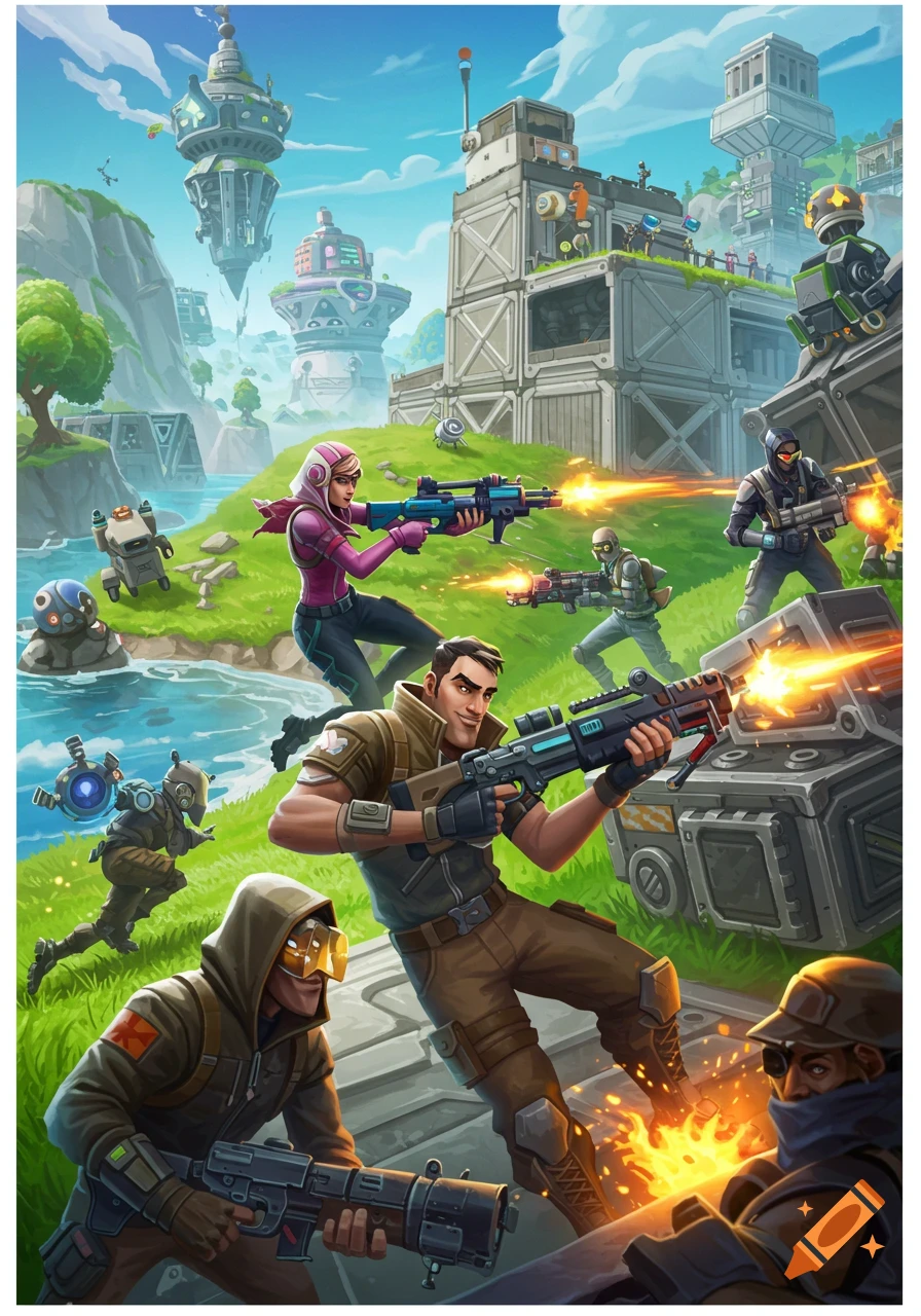 Stylized illustration of characters in a battle, firing futuristic ...