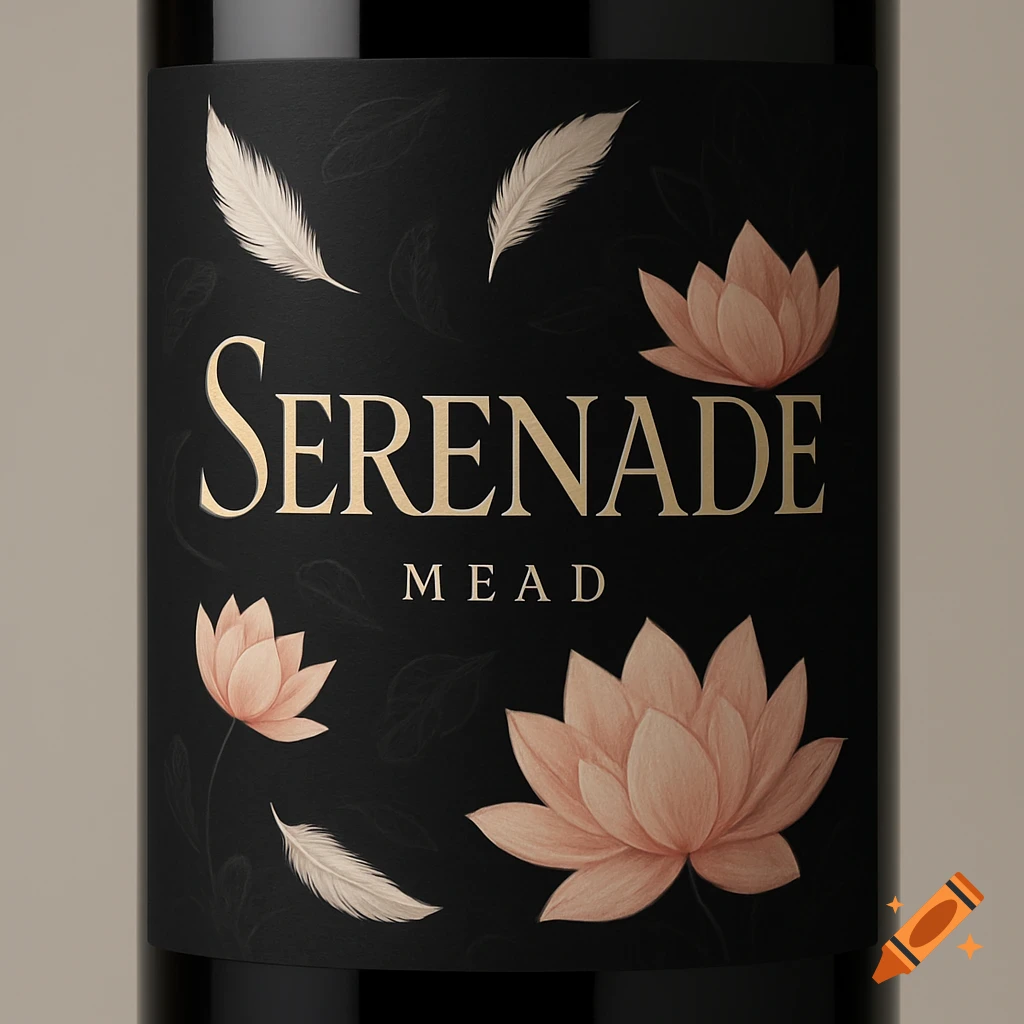 Black bottle label with gold text SERENADE MEAD, pink lotus flowers ...