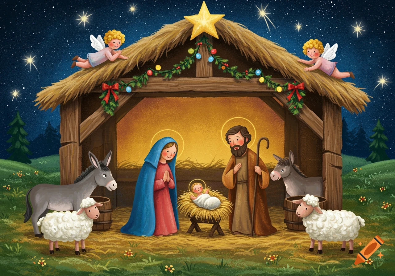 Nativity scene illustration with Mary, Joseph, baby Jesus, angels ...