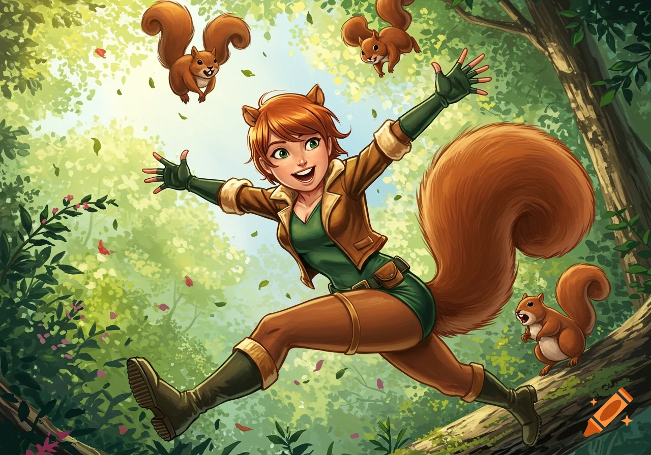 Comic illustration of Squirrel Girl leaping through a sunlit forest ...
