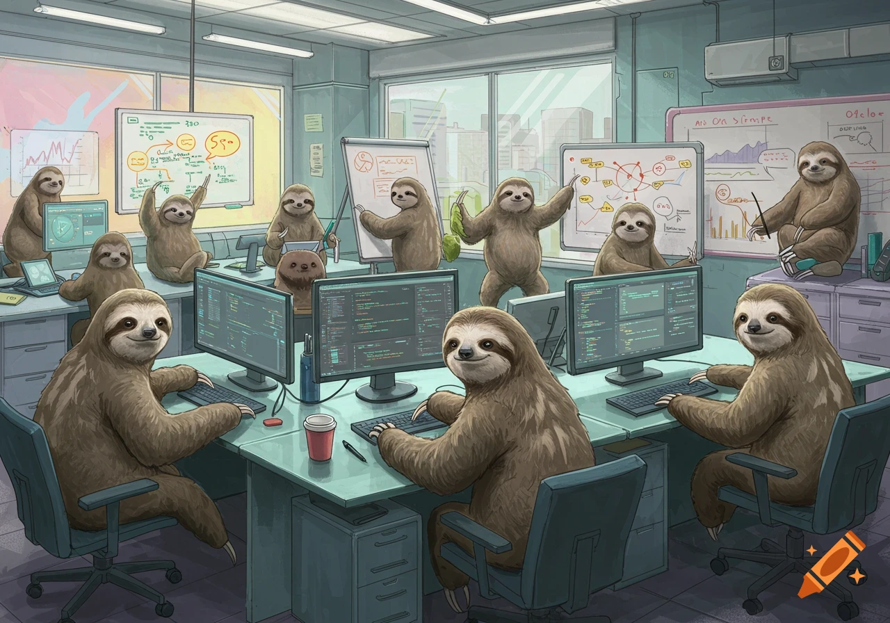 Sloths work at computers and present on whiteboards in a busy office ...