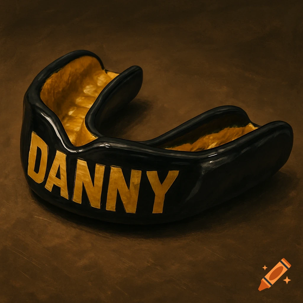A black and gold boxing mouth guard with the name DANNY written on it ...