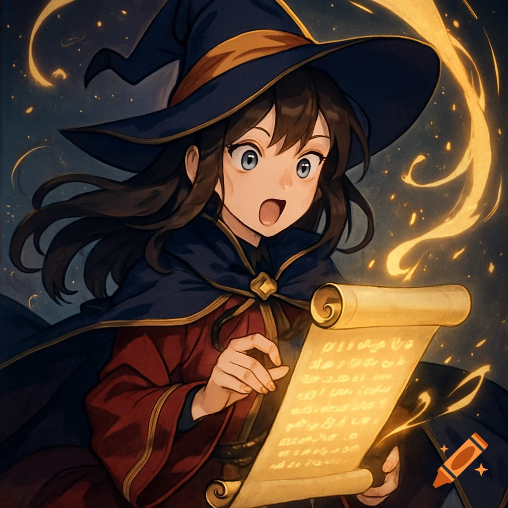 Anime drawing of a surprised young witch reading a glowing magic scroll ...