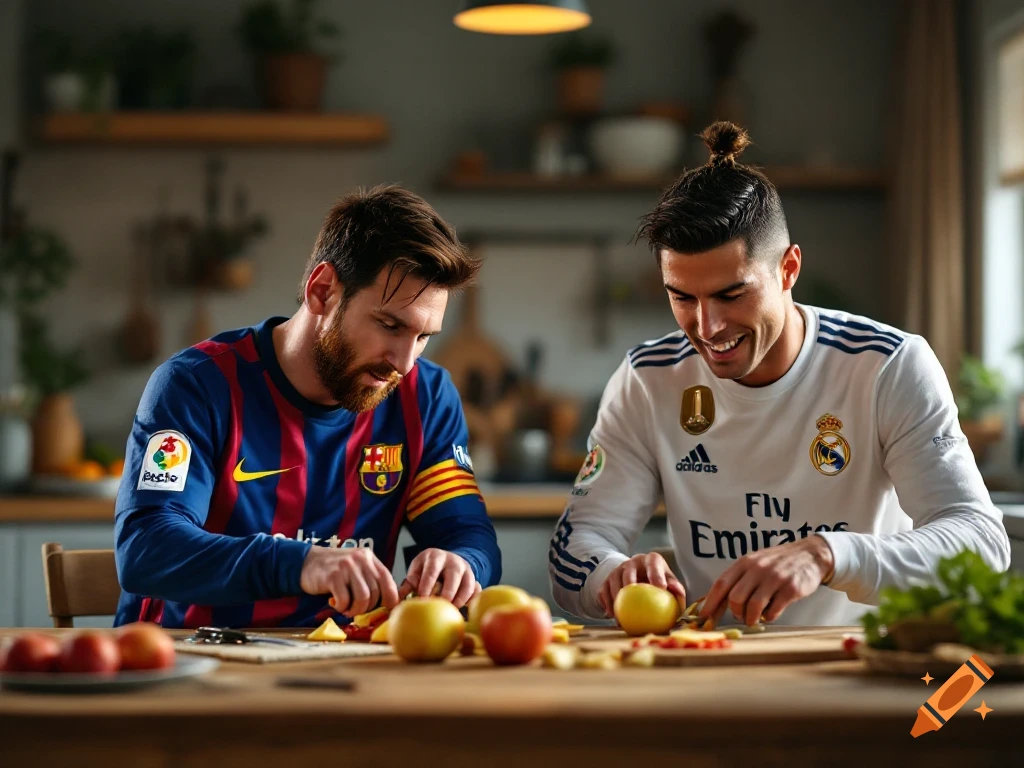 Lionel Messi and Cristiano Ronaldo peel apples at a kitchen table in a ...